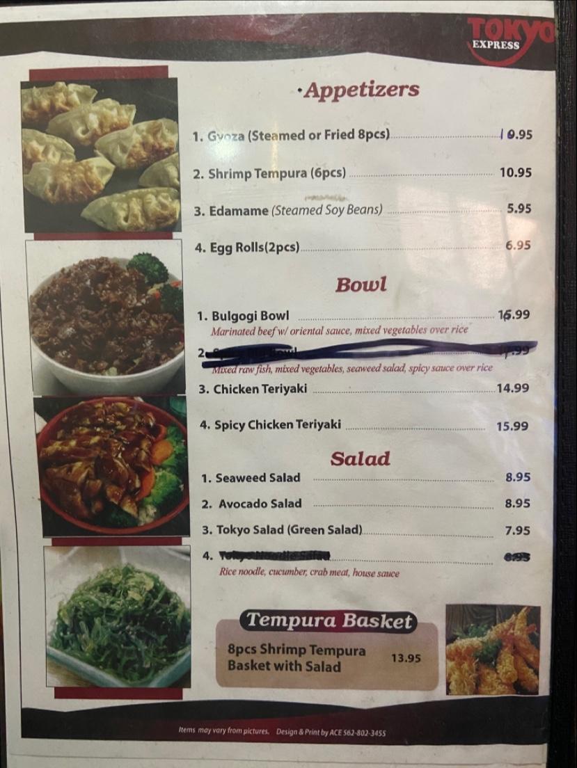 Menu at Tokyo Express restaurant, Fairbanks