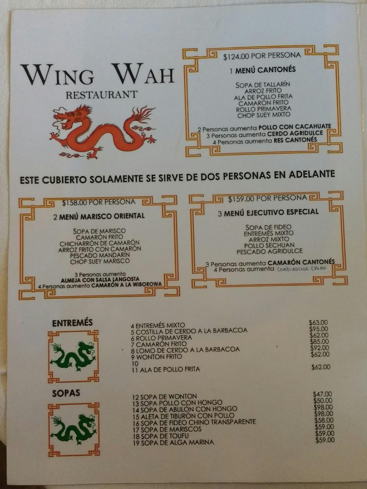 Carta del restaurante Wing Wah Comida China, Celaya, P.º del Guanajuato 501