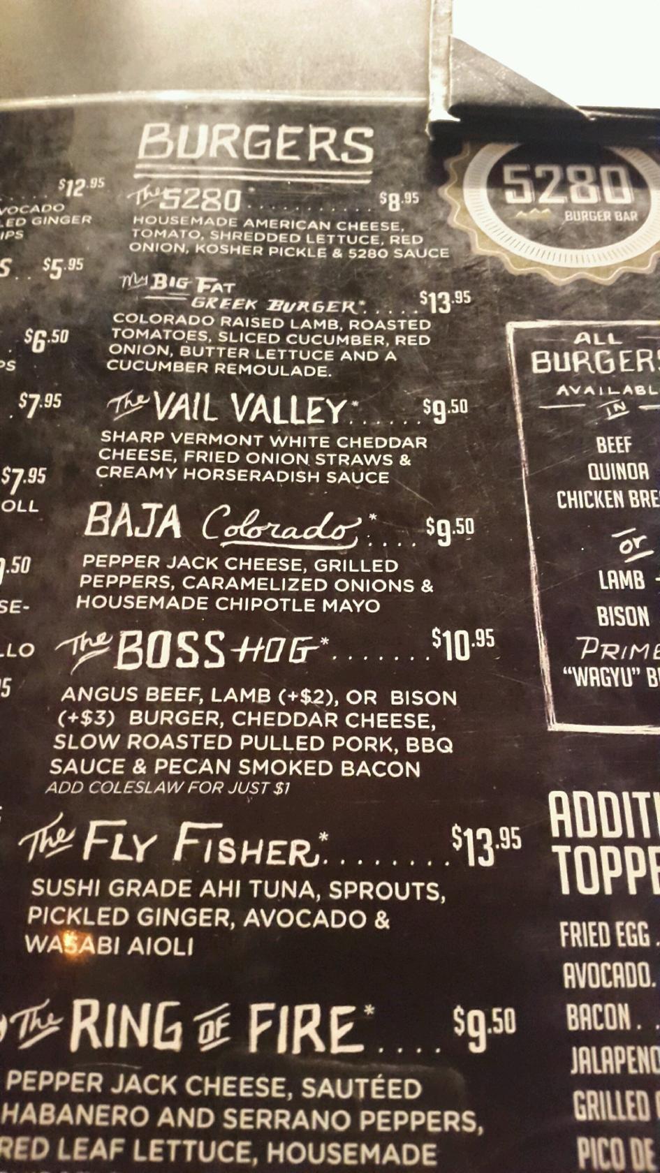 Menu at 5280 Burger Bar, Denver, 500 16th St Mall Suite 160