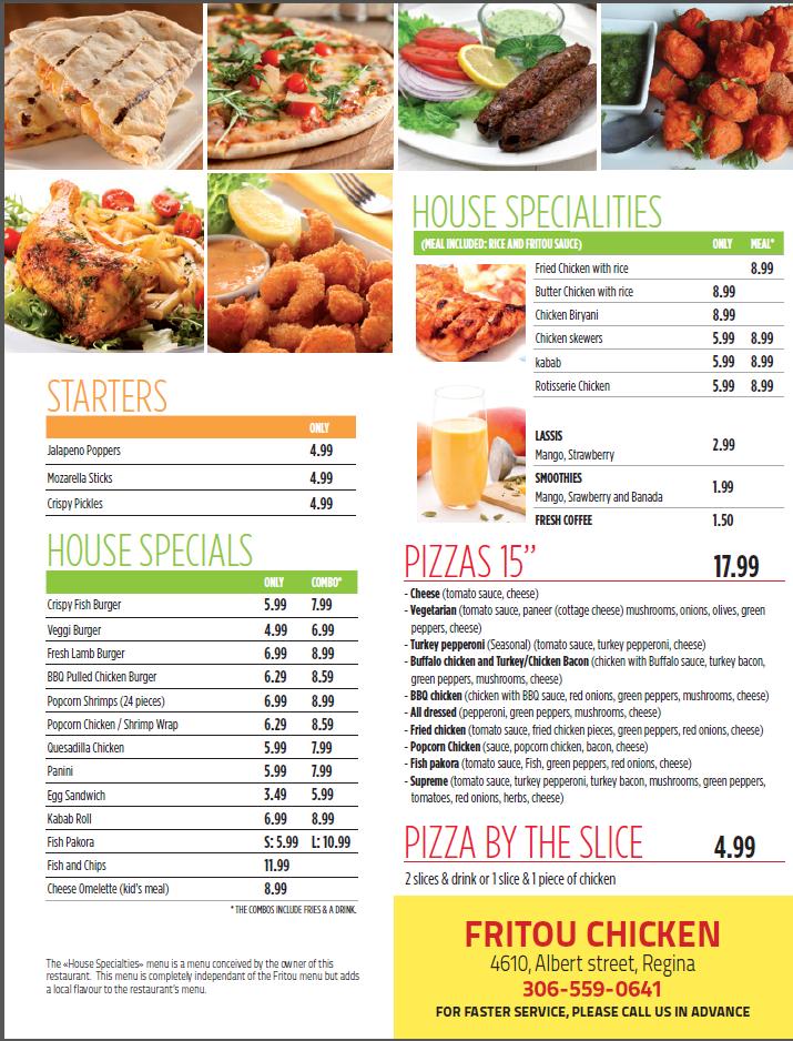 Menu at Fritou Chicken and Valley Pizza restaurant, Regina, Albert St