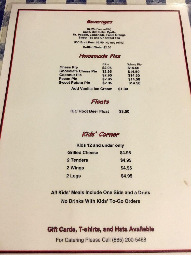 Menu at Gus's World Famous Fried Chicken restaurant, Knoxville