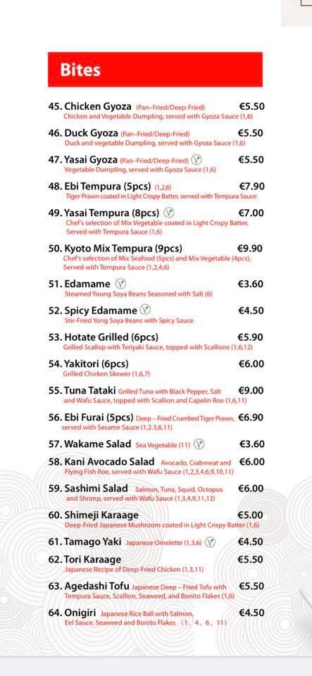 Menu at Kyoto Sushi & Noodle restaurant, Limerick