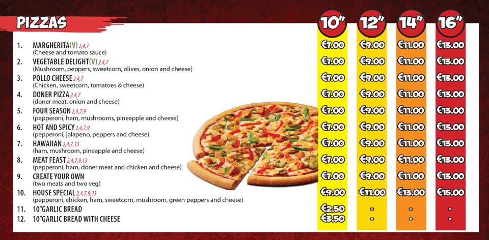 Carta de pizzería Mr Kebab Eskimo Pizza, Athy Co. Kildare, Athy