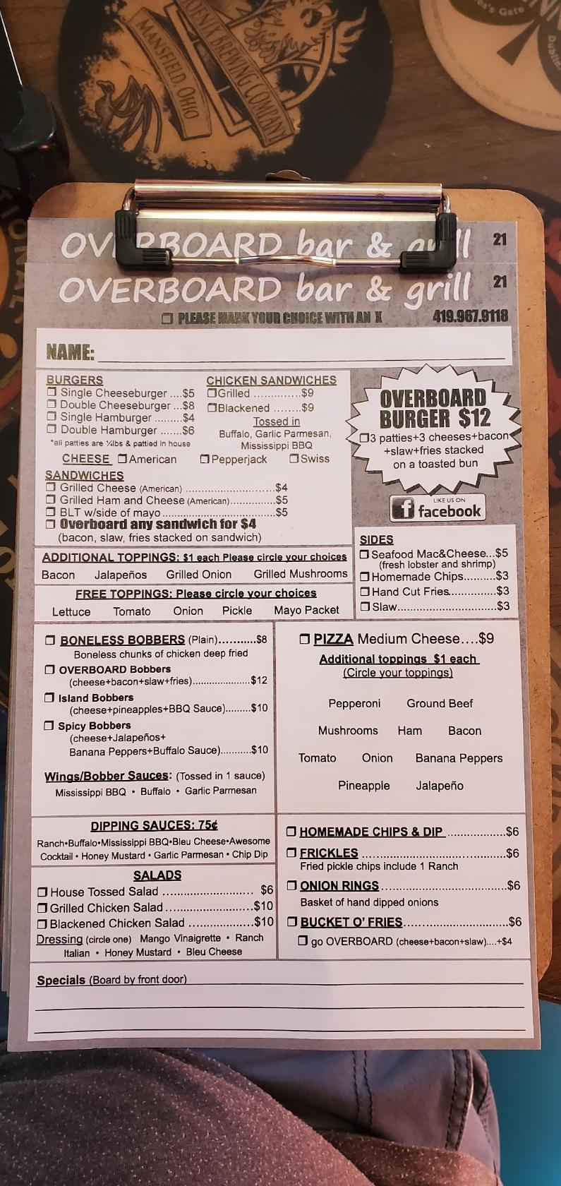 Menu at Overboard Bar & Grill, Port Clinton, W Lakeshore Dr