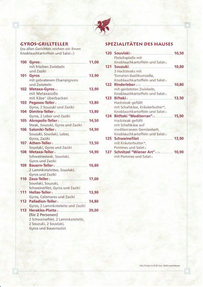 Menu at Pegasus restaurant, Heitersheim