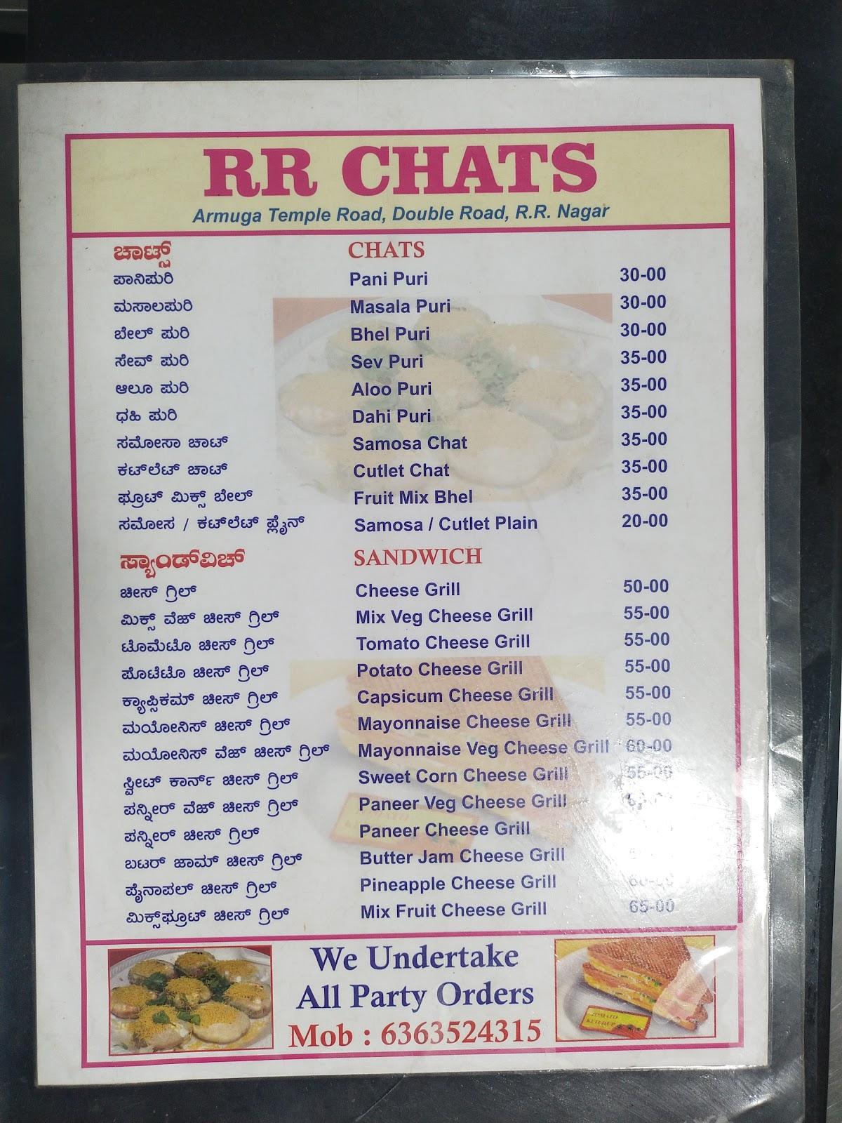 Menu at RR Chats, Bengaluru