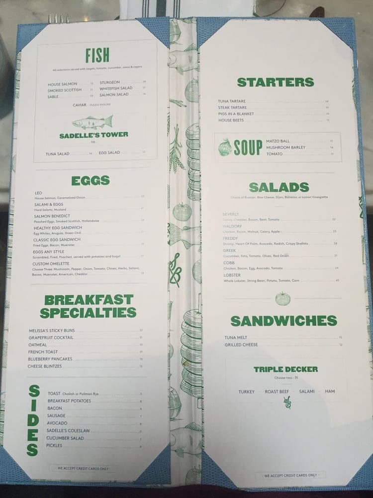 Menu at Sadelle's restaurant, New York City