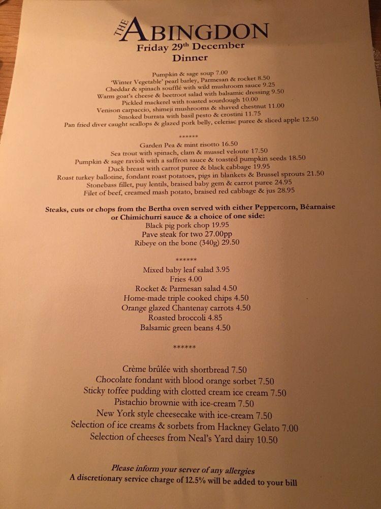 Menu at The Abingdon restaurant, London