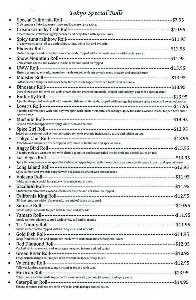 Menu at Tokyo Japanese Cuisine restaurant, Whitewater