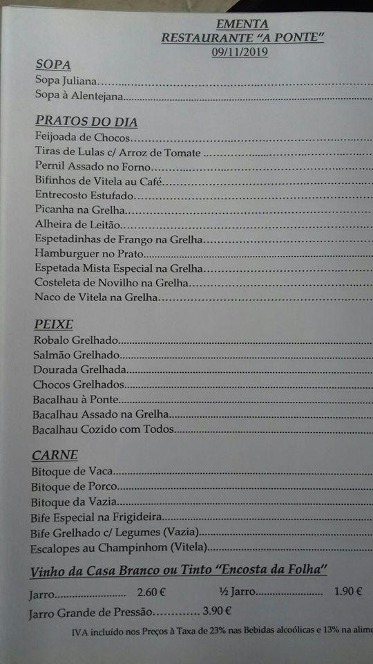 Menu at A Ponte restaurant, Frielas, R. Cmte. Sacadura Cabral 82 A