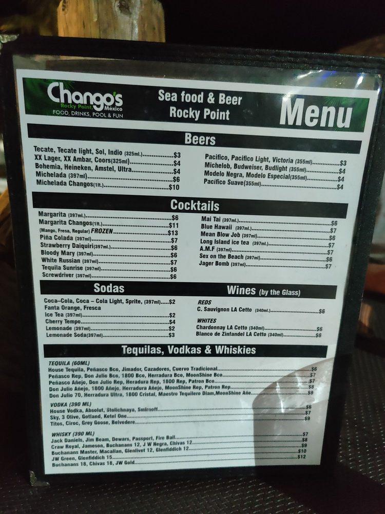 Menu at Chango's Seafood & Beer restaurant, Puerto Peñasco