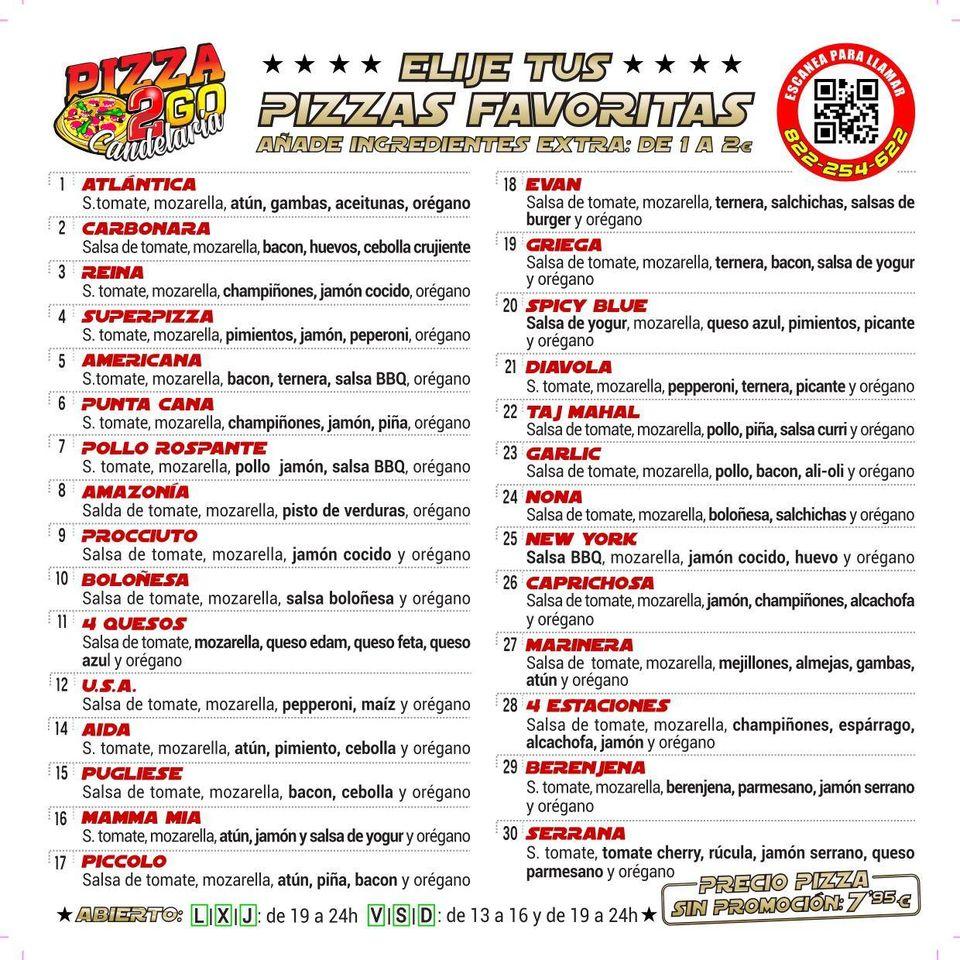 Carta del restaurante Don Pizza Candelaria, Candelaria