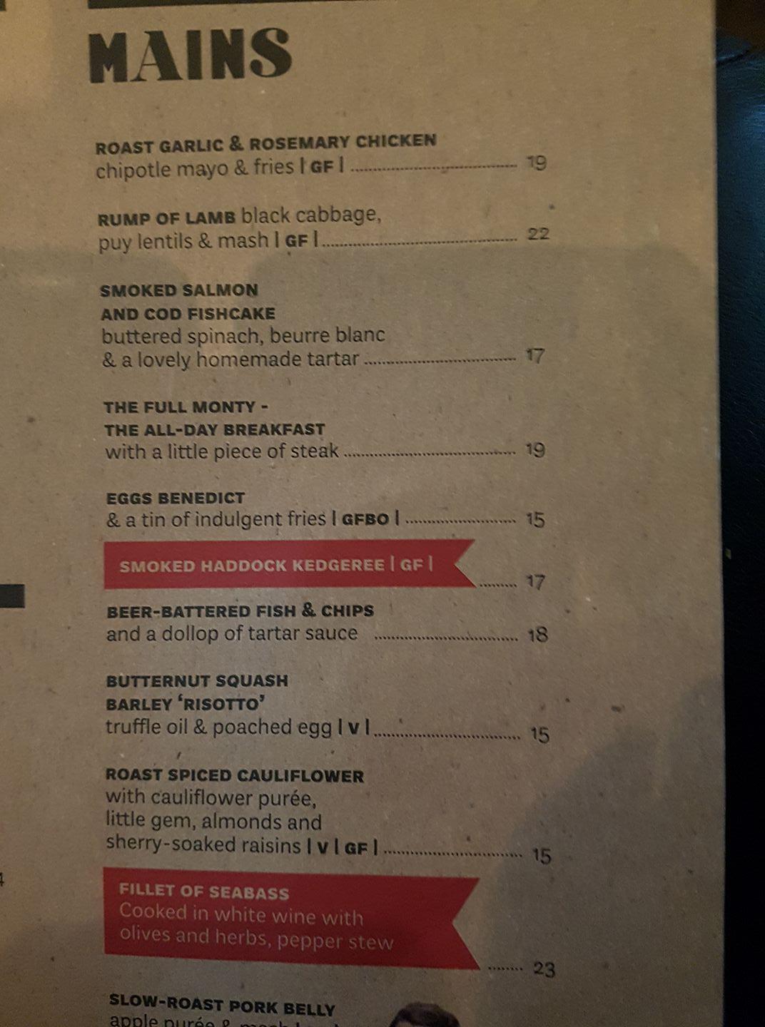 Menu at Little M Bar, Manchester