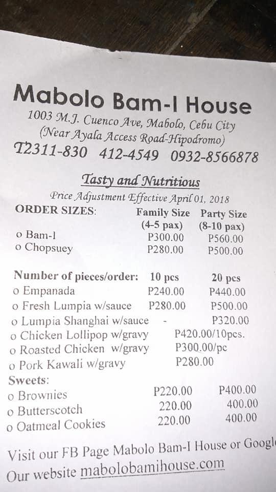 Menu at Mabolo Bam-i House restaurant, Cebu City