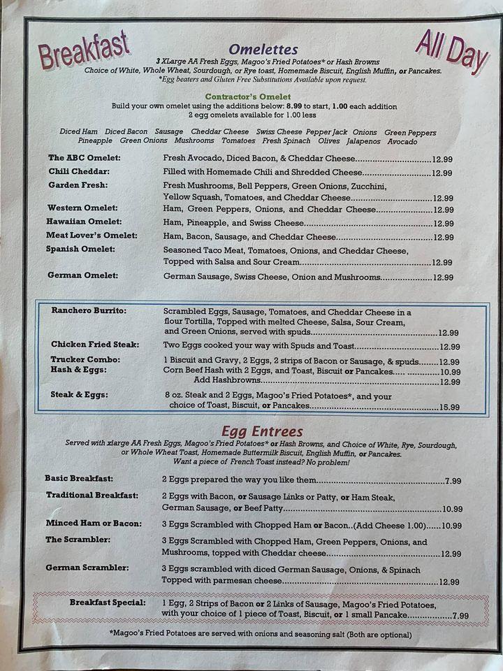 Menu at Magoo's Restaurant, Omak