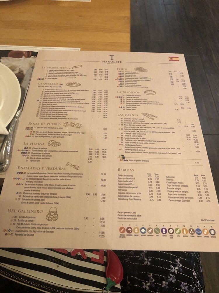 Menu at Manolete cafeteria, Seville