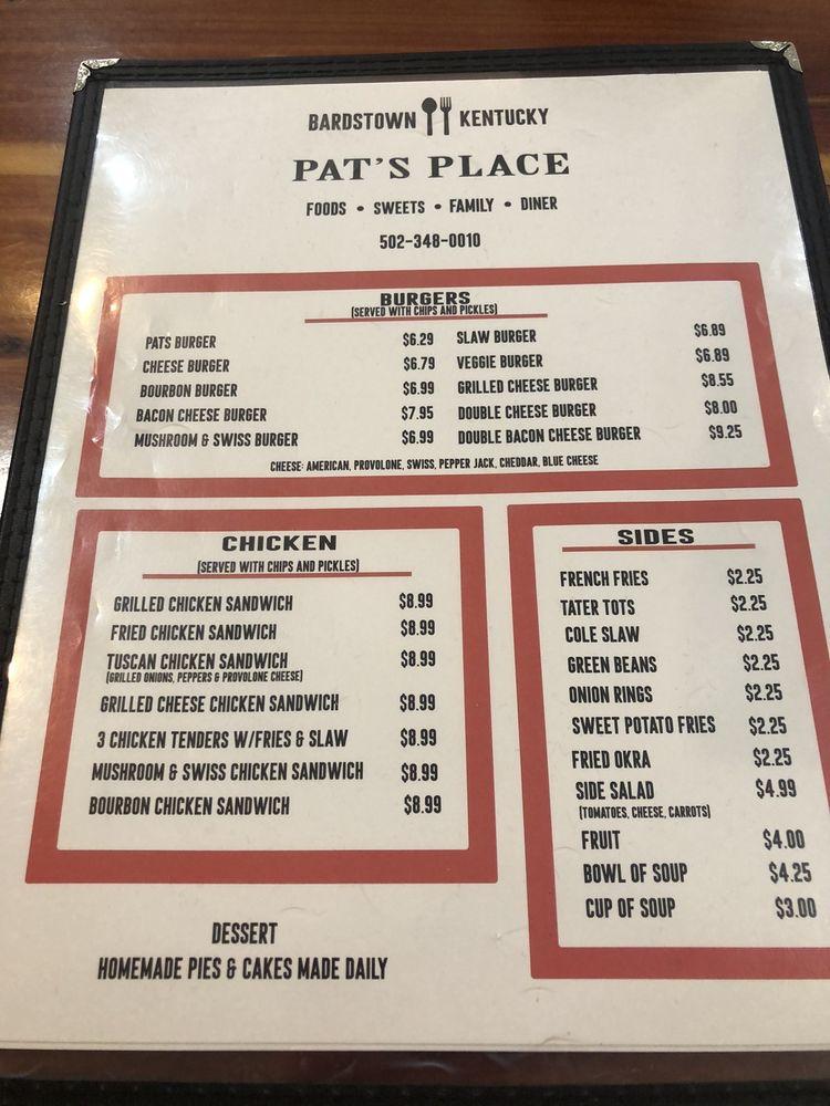 Menu at Pat's Place restaurant, Bardstown