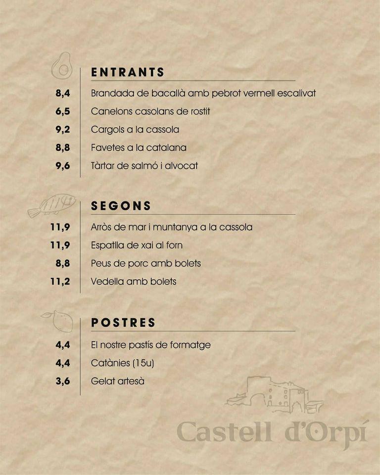 Carta de Restaurant Castell d'Orpí, Orpí