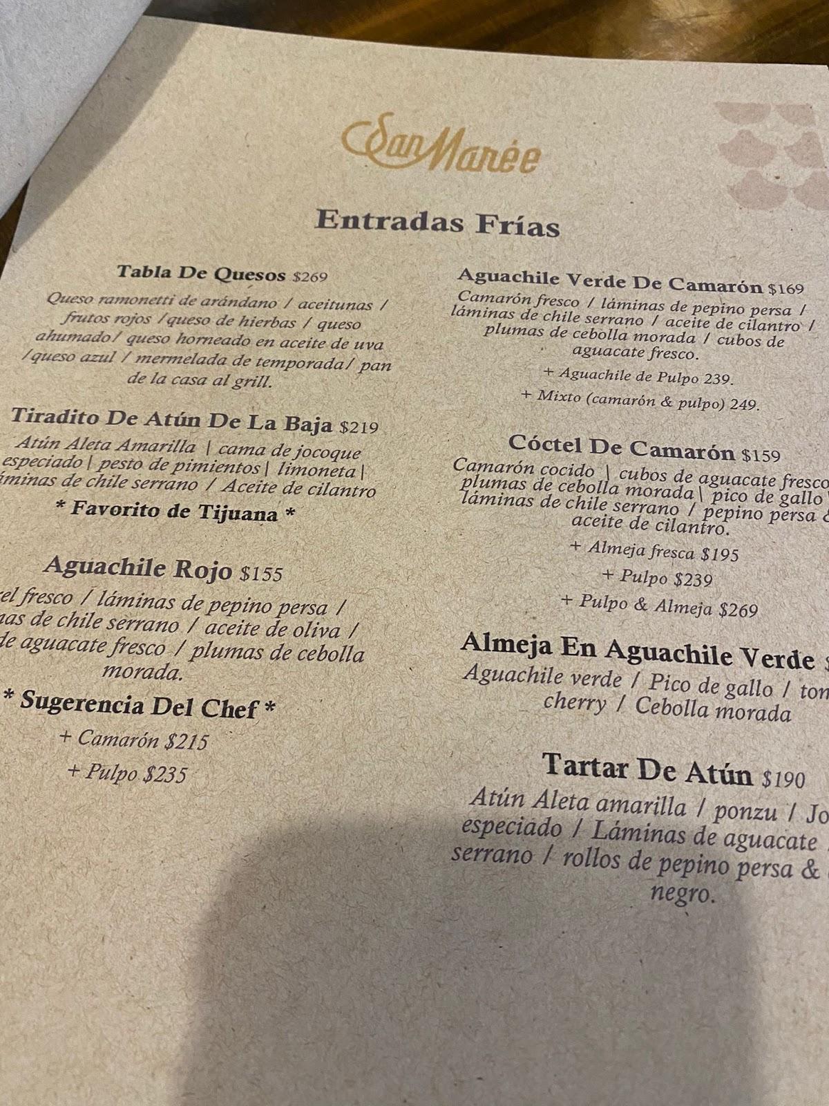 Menu at San Mareé restaurant, Tijuana