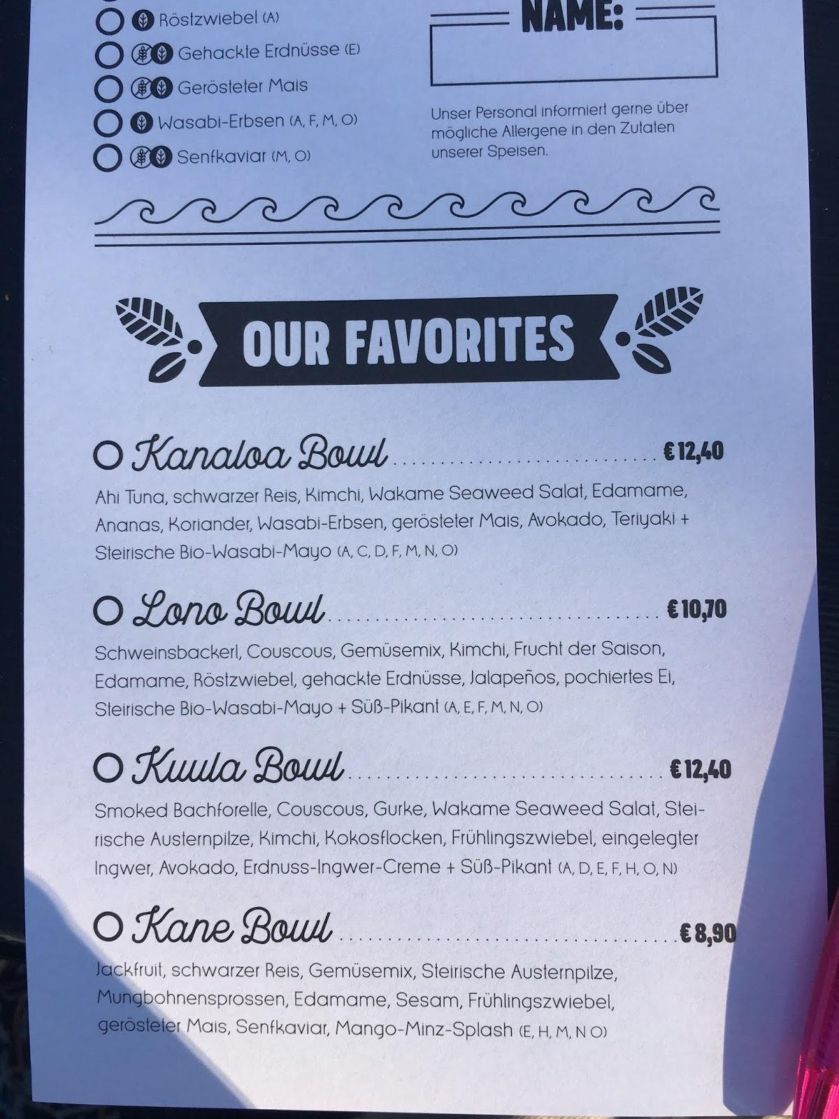 Menu at Shake Shaka restaurant, Graz