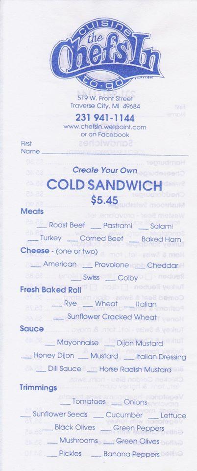 Menu at The Chef's In restaurant, Traverse City