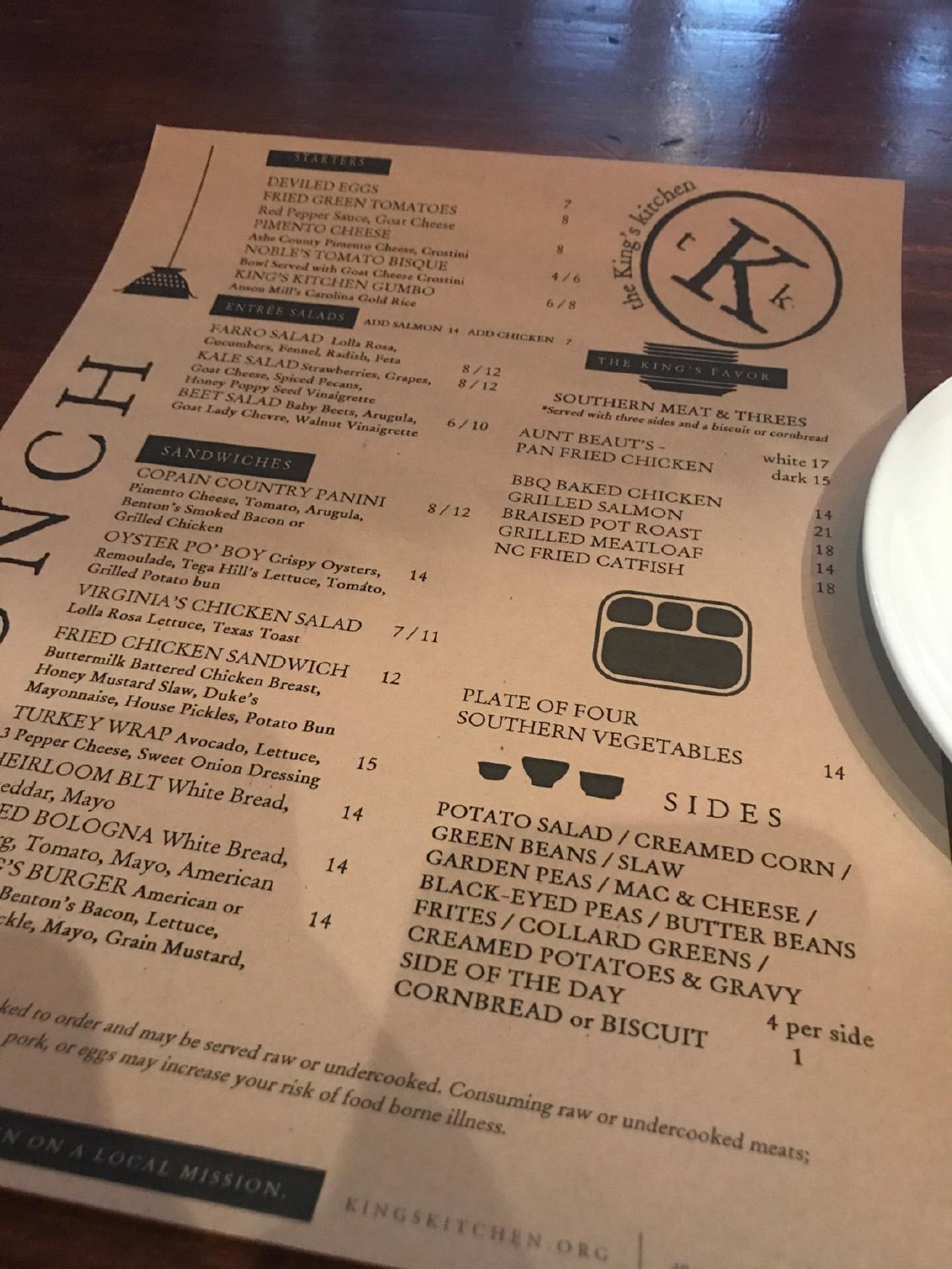 Menu at The King's Kitchen restaurant, Charlotte