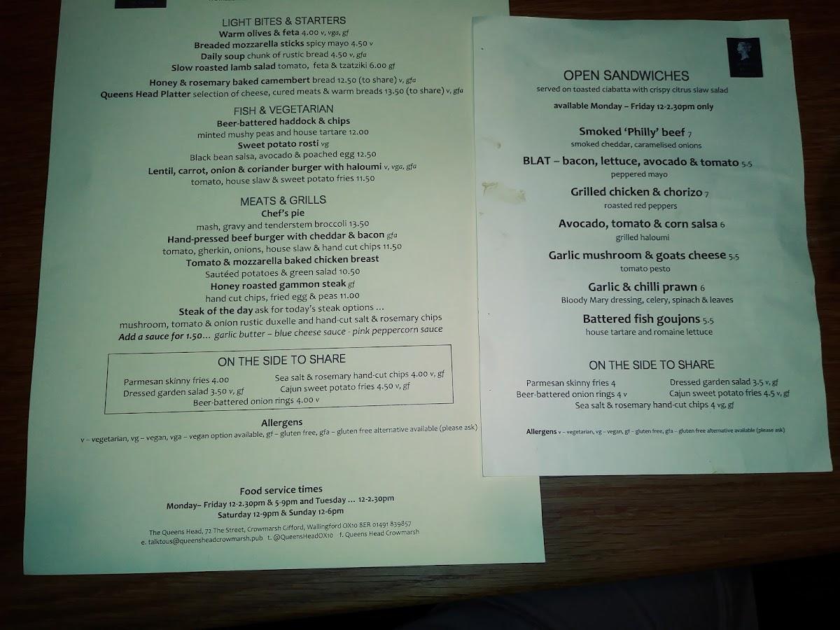 Menu at The Queen's Head, Crowmarsh Gifford pub & bar, Wallingford