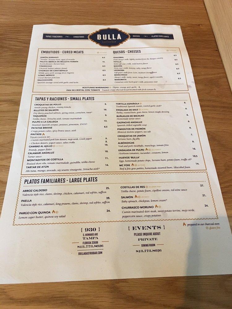 Menu at Bulla Gastrobar, Tampa