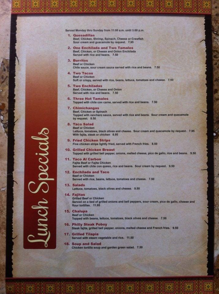 Menu at Casa La Vida restaurant, Baton Rouge