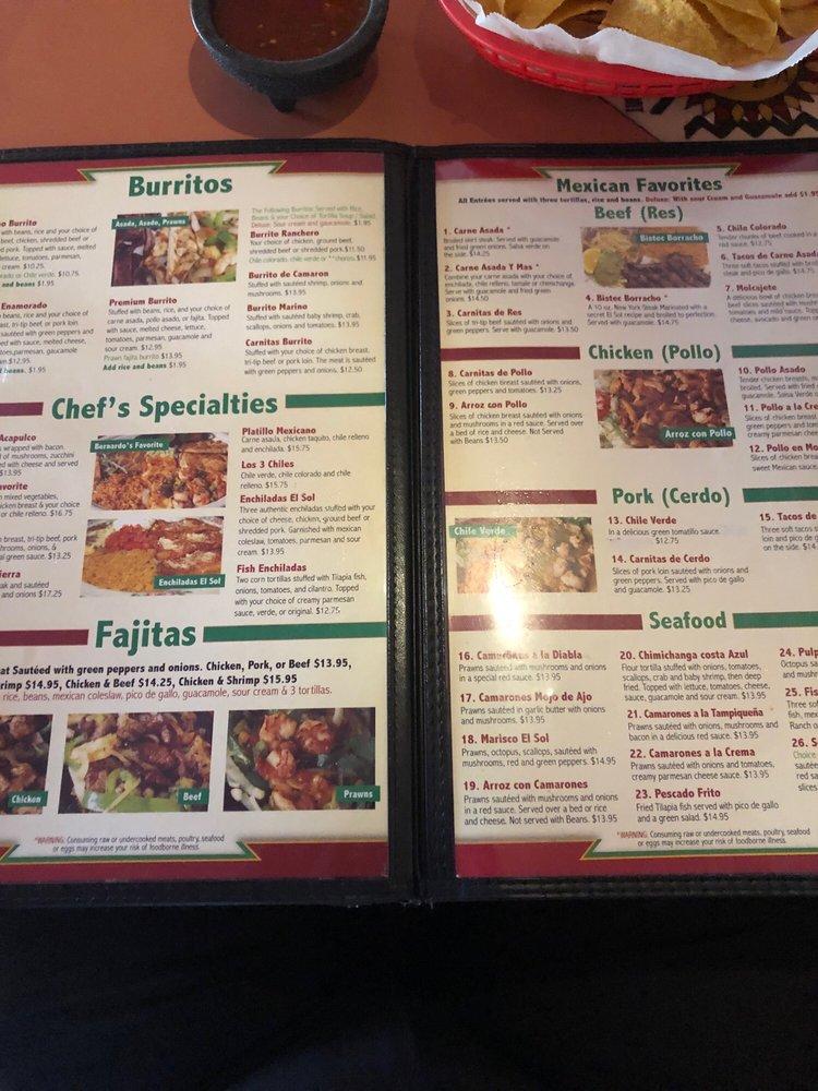 Menu at El Sol De Mexico restaurant, Corvallis, NW 9th St