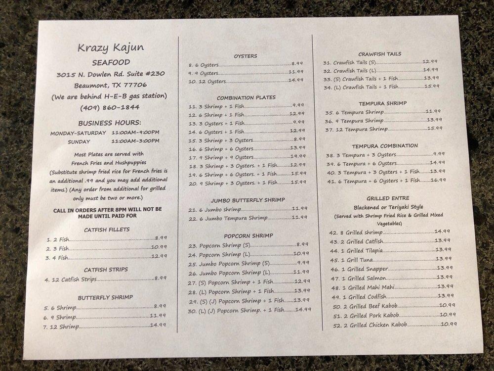 Menu at Krazy Kajun fast food, Beaumont
