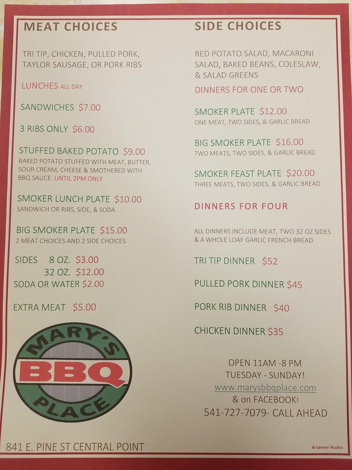 Menu at Mary's BBQ Place, Central Point