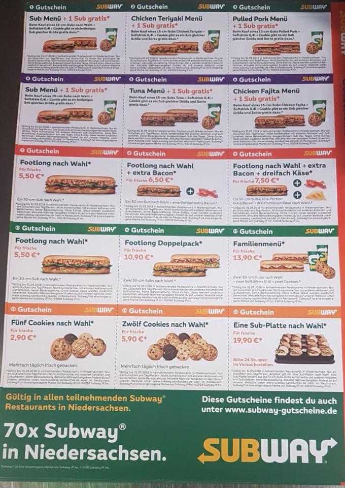 Speisekarte von Subway fast Food, Emden