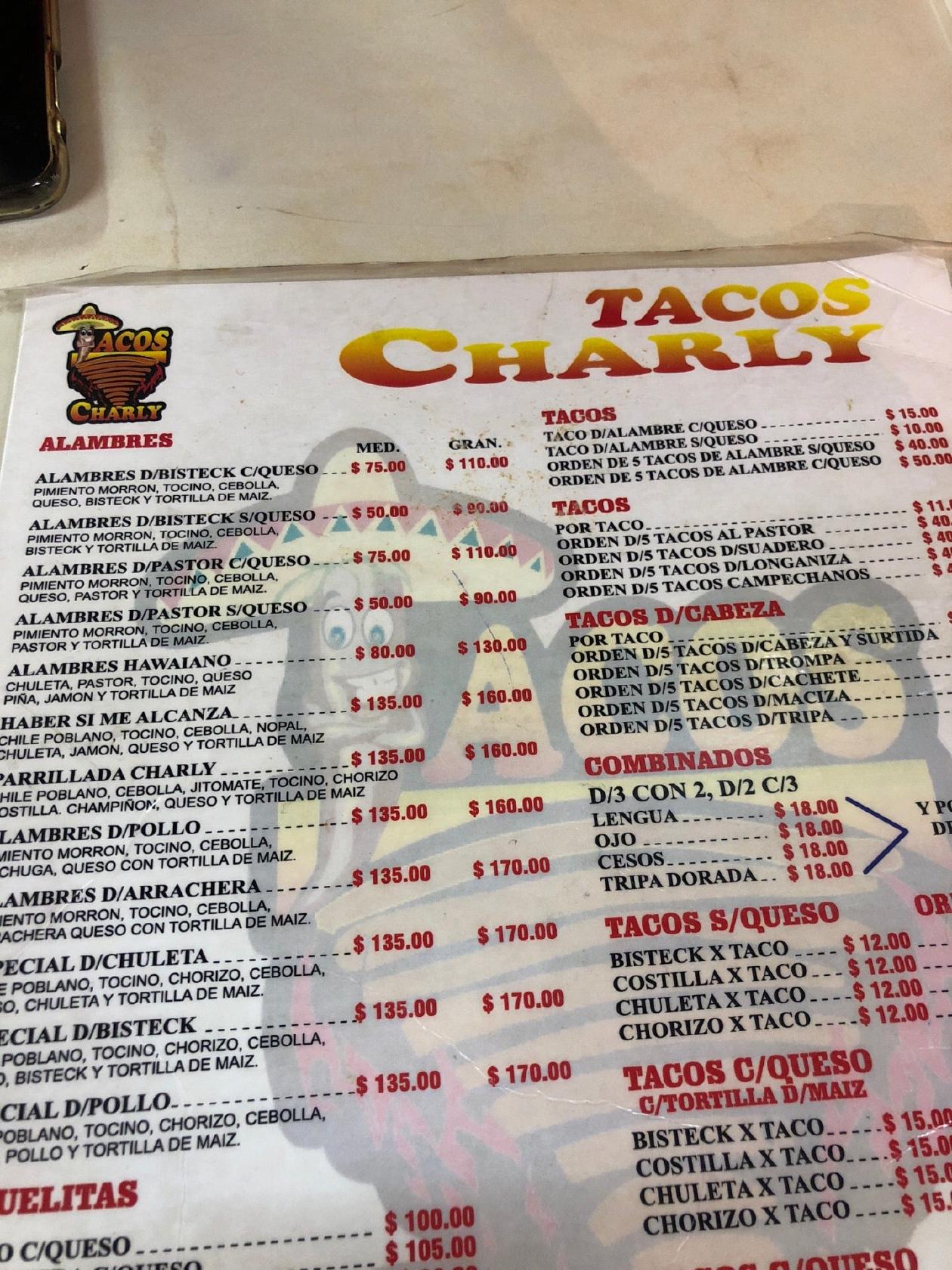 Carta del restaurante Tacos Charly, Ciudad del México, Trabajadoras ...
