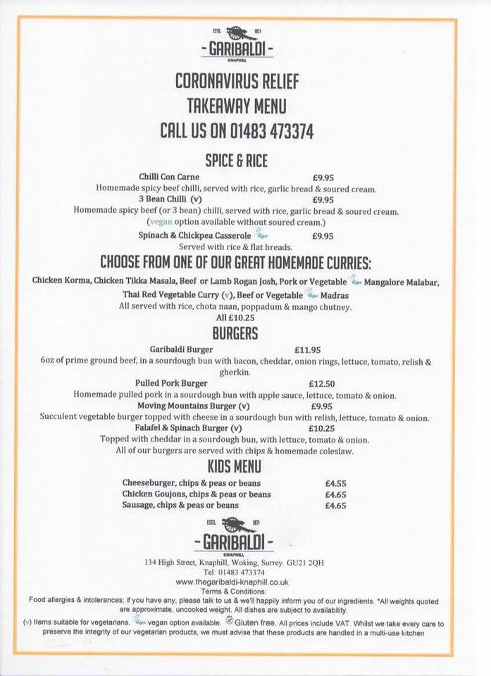 Menu at The Garibaldi pub & bar, Woking
