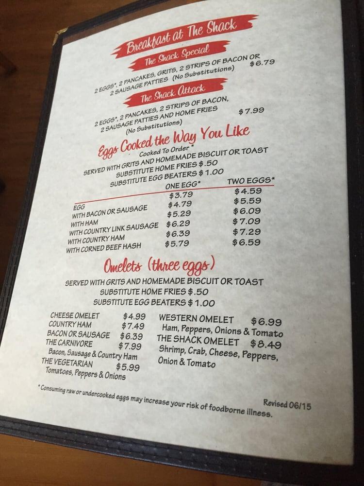 Menu at The Shack restaurant, North Myrtle Beach, Sea Mountain Hwy