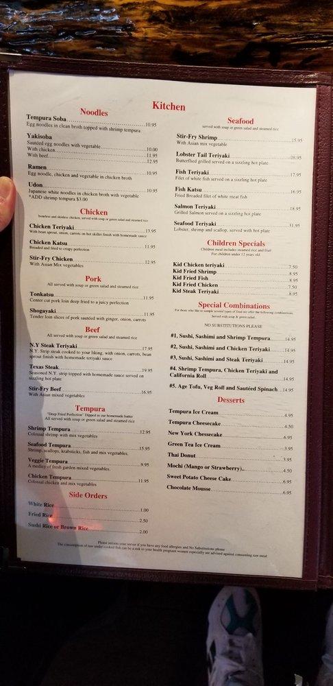 Menu at Tony's Sushi restaurant, Ocala