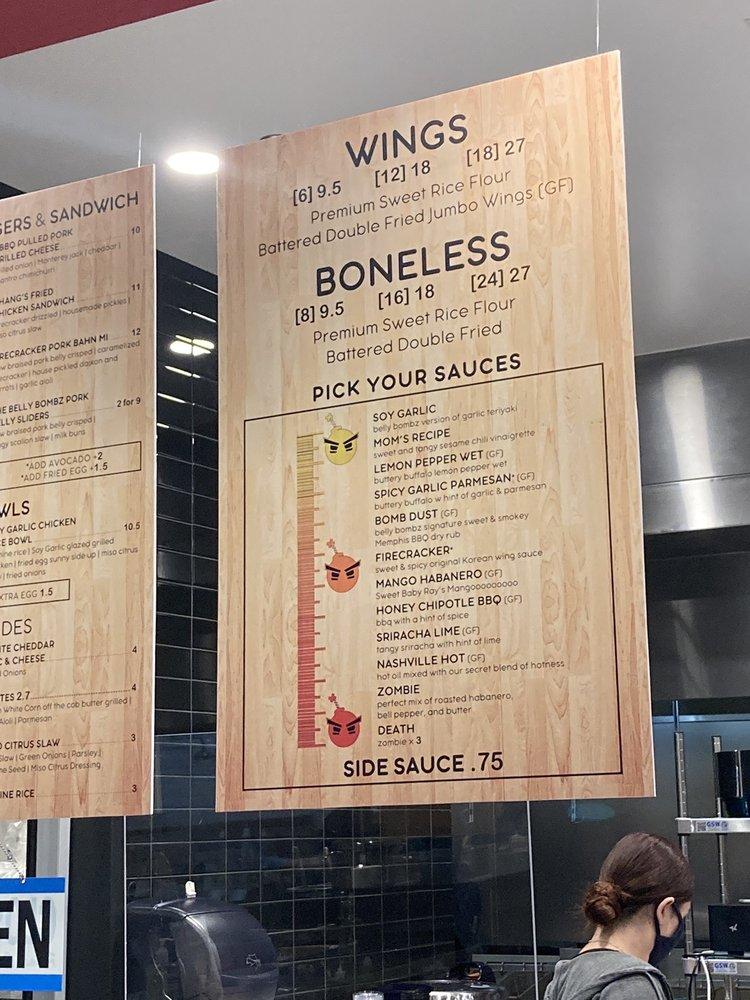 Menu at Belly Bombz Wings & Burgers restaurant, Glendora