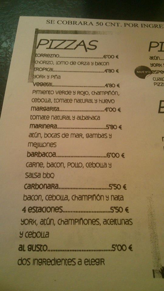 Menu at Bar Torrezno, Cuevas de San Marcos