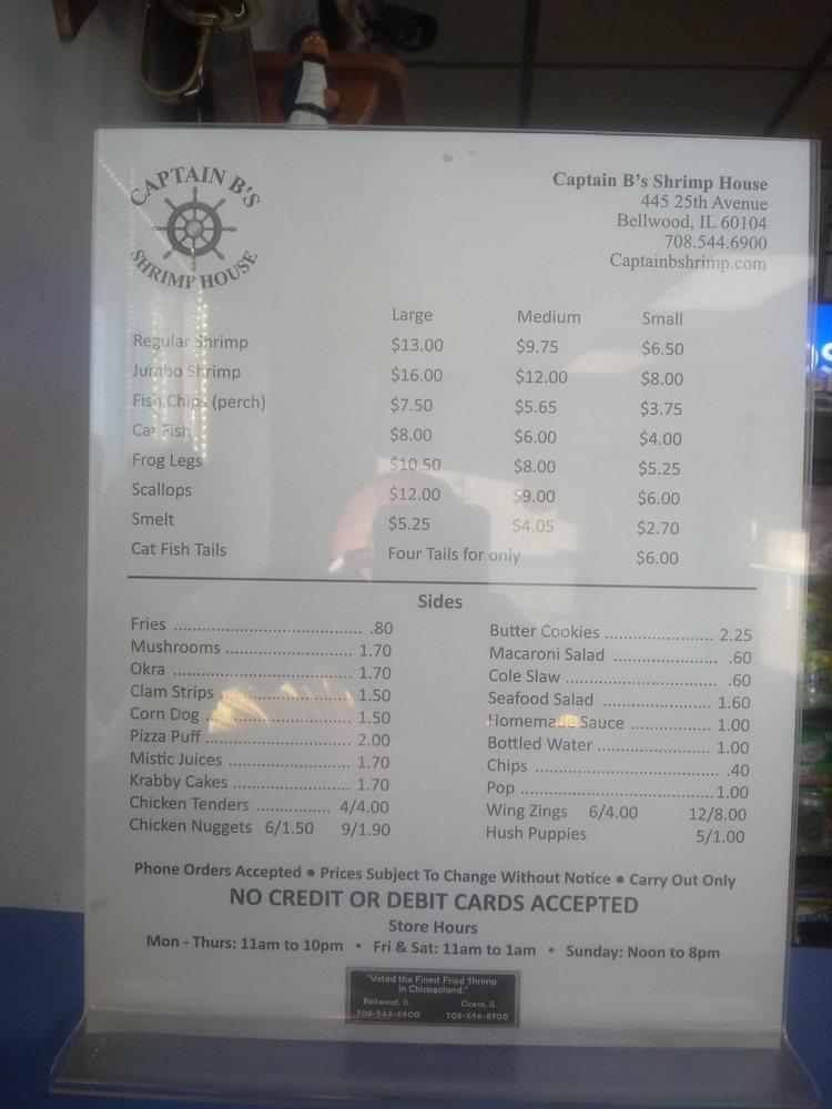 Menu at Captain B's Shrimp House fast food, Bellwood, 445 25th Ave
