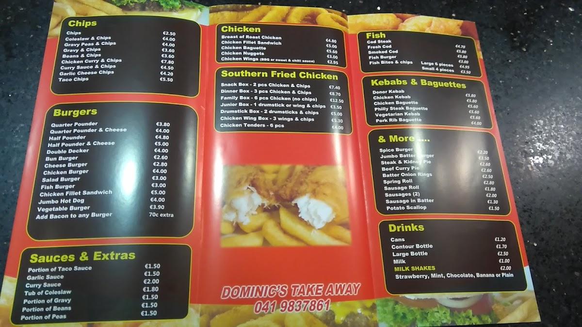 Menu at Dominics Take Away fast food, Drogheda