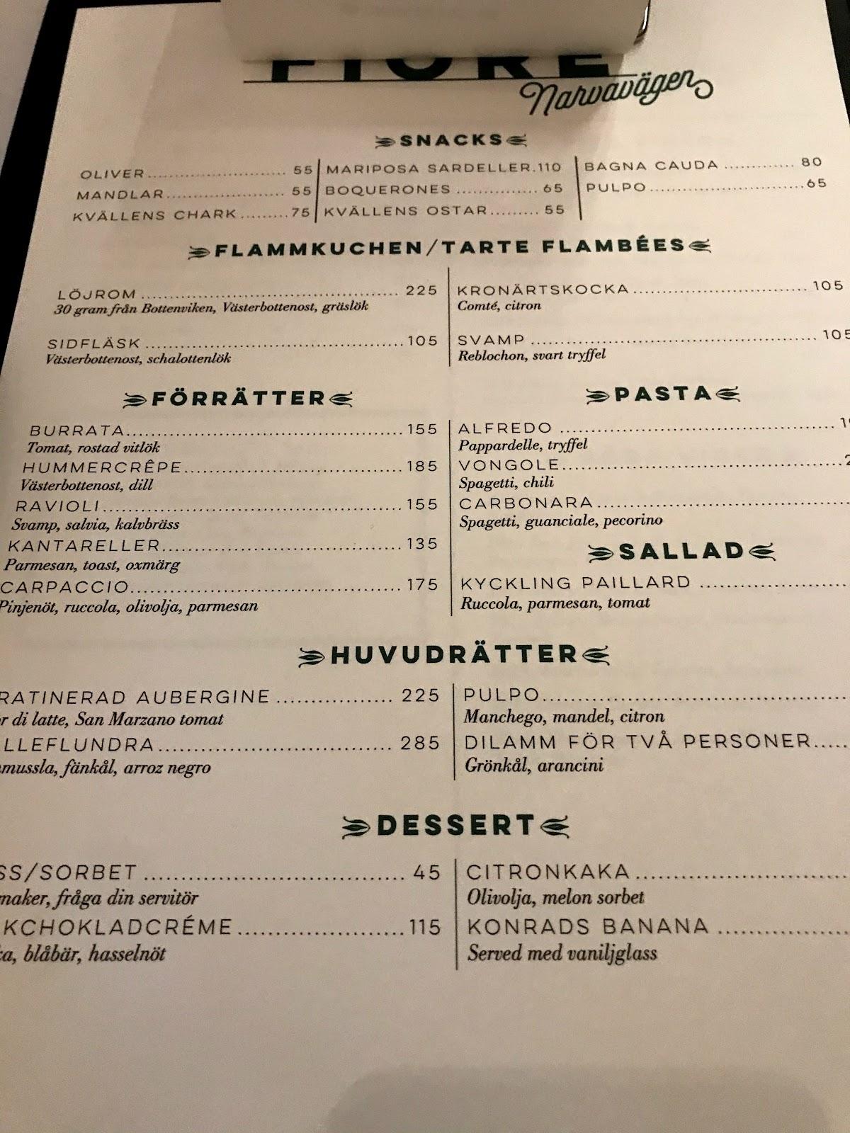 Menu at Fiore Narvavägen restaurant, Stockholm