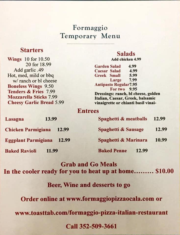 Menu at Formaggio Pizza and Italian Restaurant, Ocala