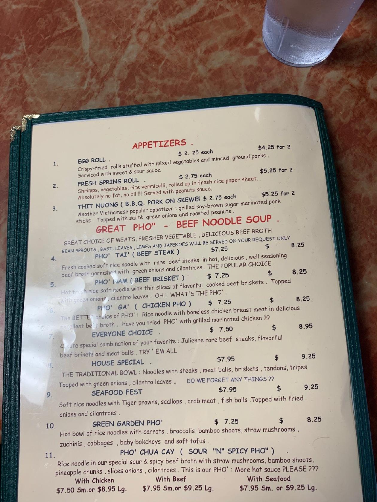 Carta del restaurante Old Saigon, Tukwila