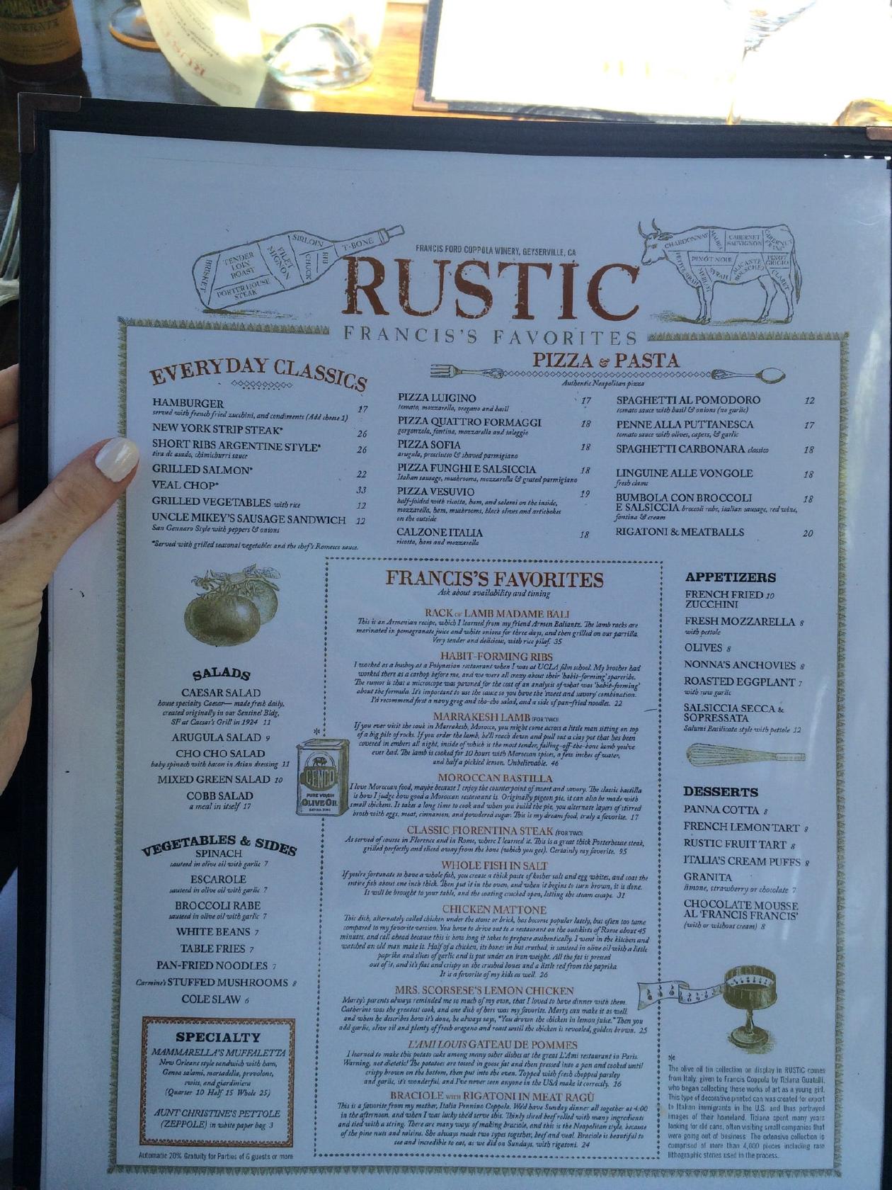 Menu at Rustic at Francis Ford Coppola Winery restaurant, Geyserville