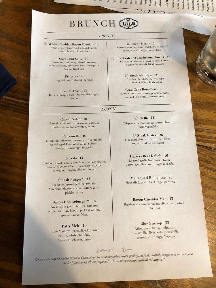 Menu at True Blue Butcher and Table restaurant, Wilmington
