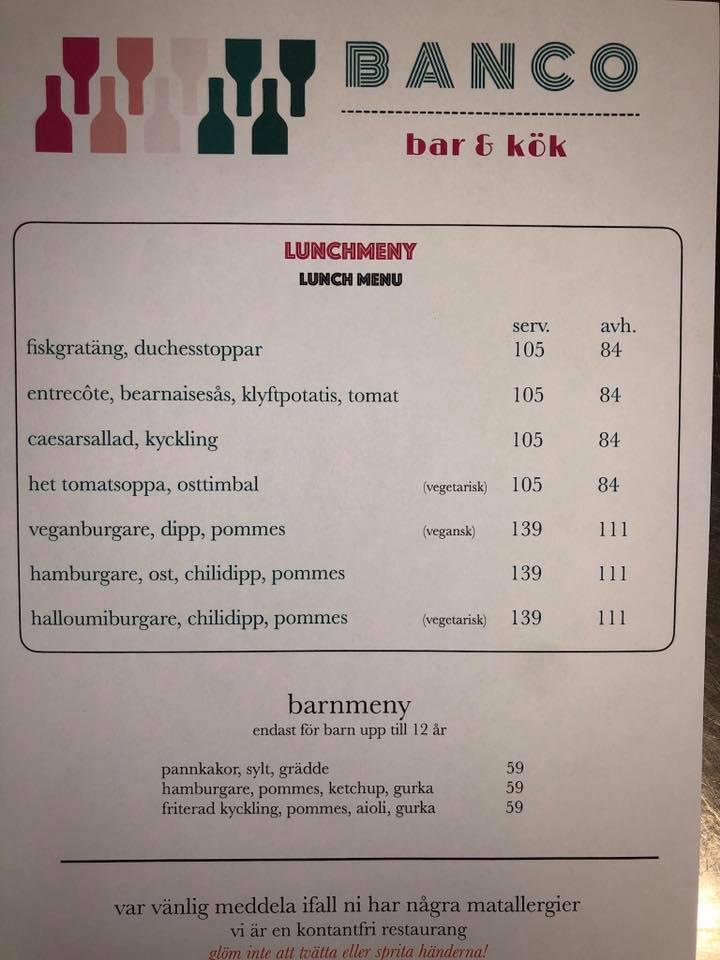 Menu at Banco restaurant, Vadstena