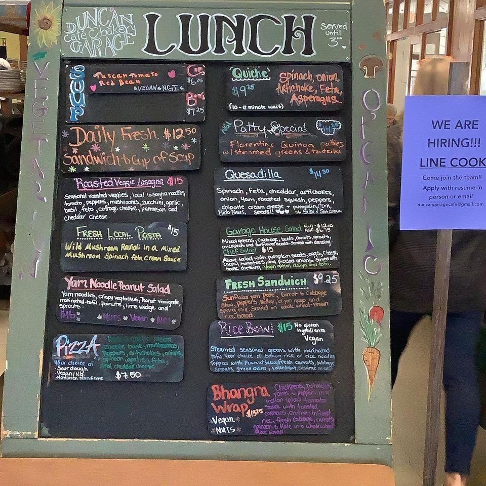 Menu at Duncan Garage Café & Bakery, Duncan