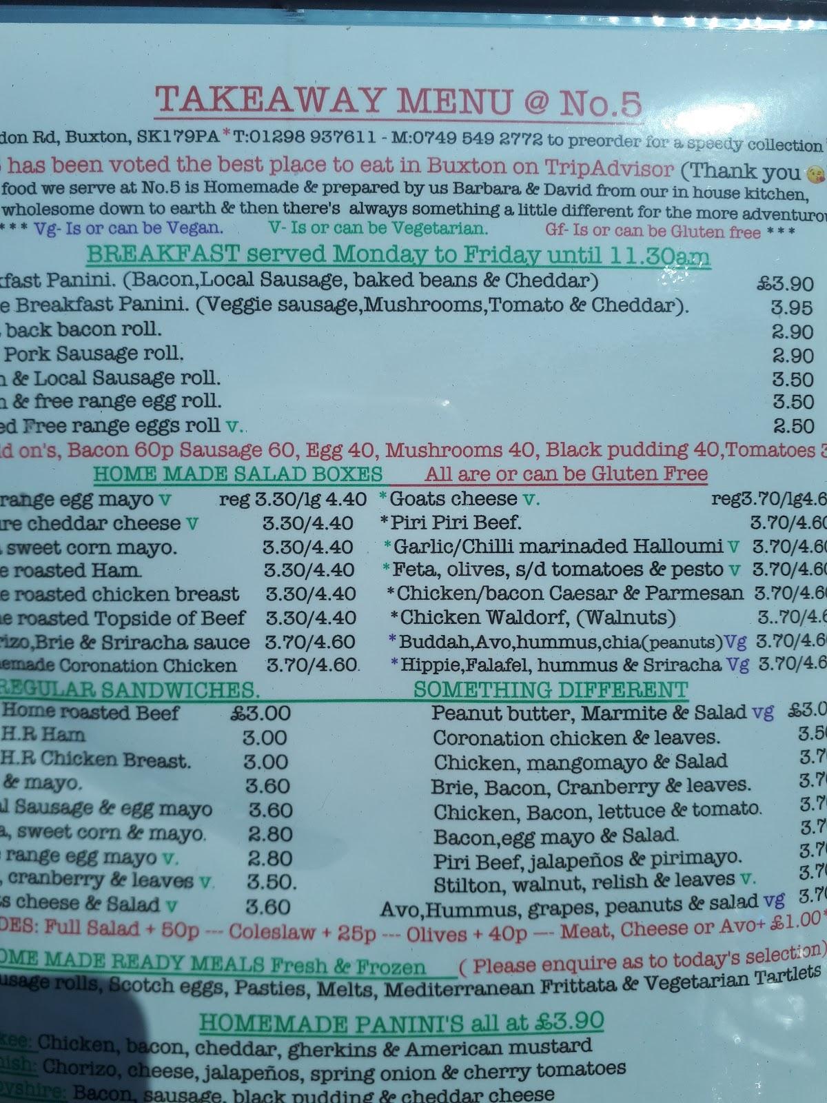 Menu at Eat at No 5 cafe, Buxton