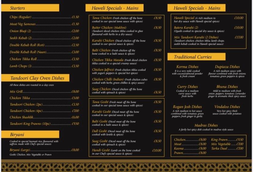 Menu at Haweli Indian Cuisine restaurant, Blackburn